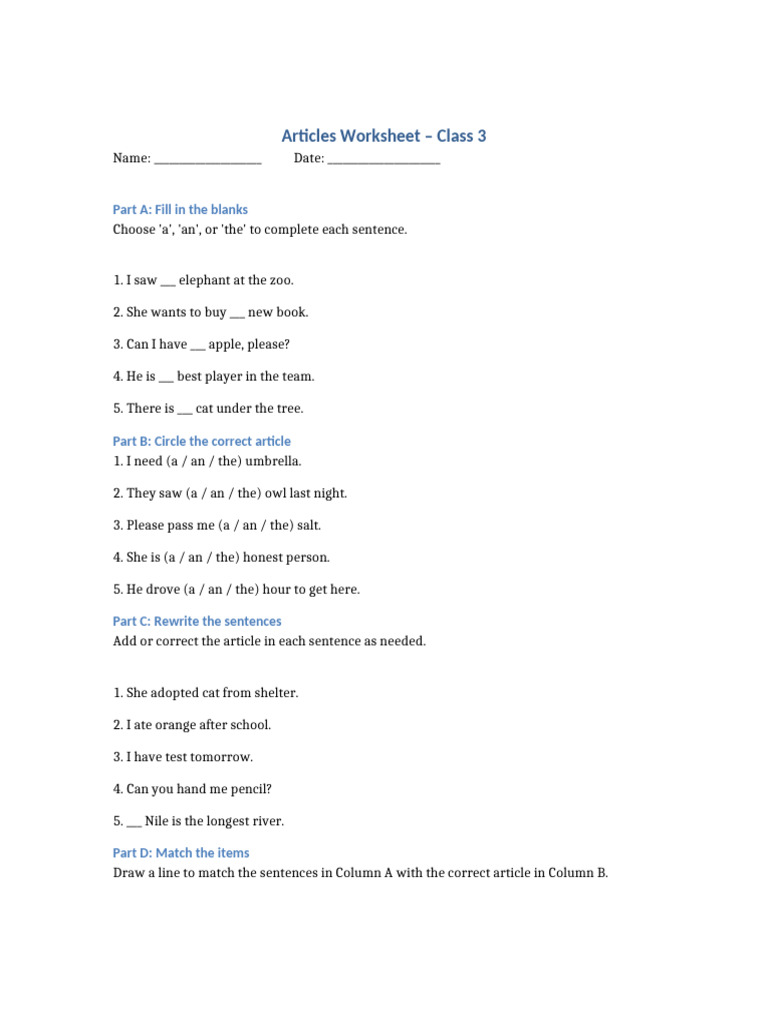 Articles Worksheet for Grade 3 Students | PDF