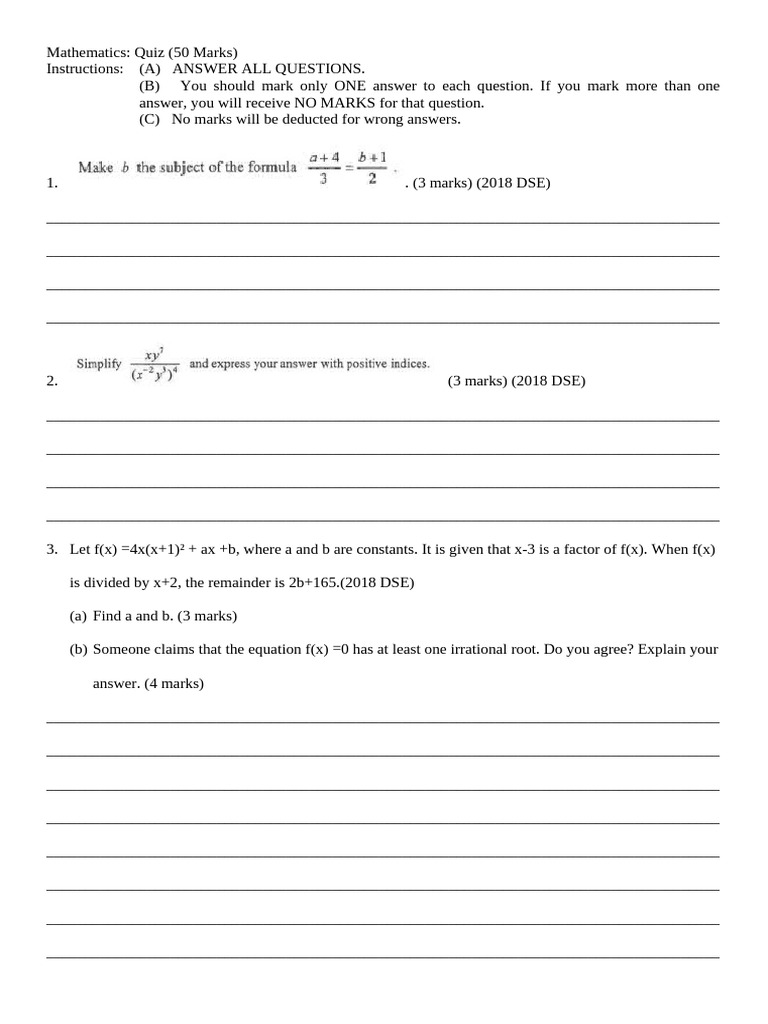 Maths Quiz Paper 1 | PDF | Function (Mathematics) | Cartesian ...