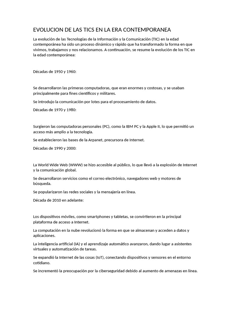 Evolucion de Las Tics en La Era Contemporanea | PDF
