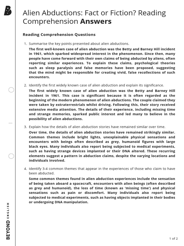 Alien Abductions Fact or Fiction Reading Comprehension Answers | PDF ...