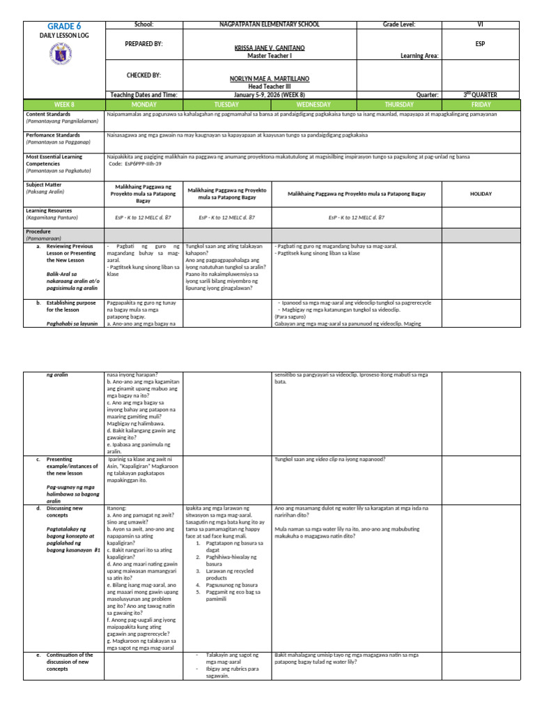 DLL Esp6 Week 8 - q3 by Teacher KJ Val | PDF