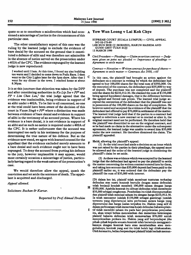 Yew Wan Leong V Lai Kok Chye | PDF