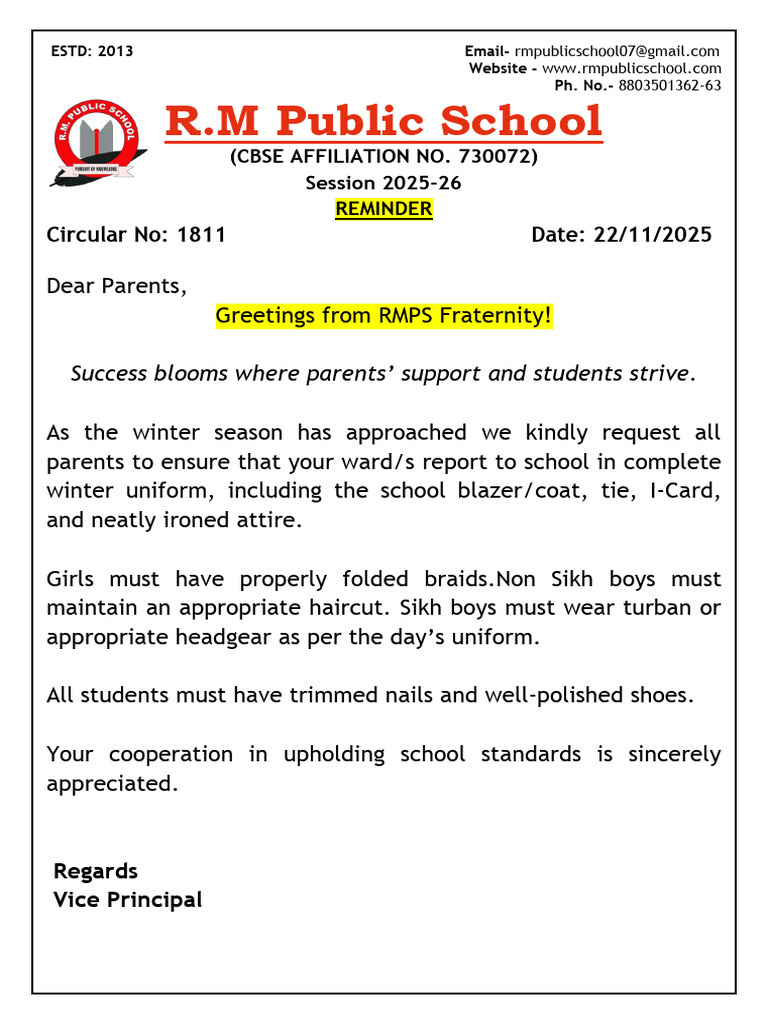 Winter Uniform Reminder for Parents | PDF