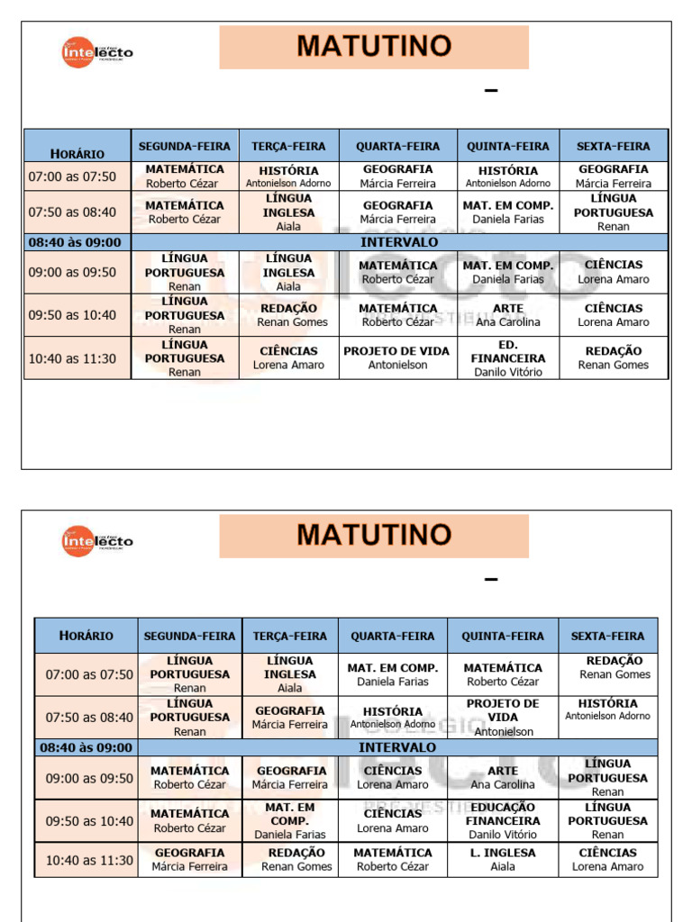HORÁRIO DE AULAS_FUNDAMENTAL_MATUTINO_2025 | PDF | Ciências Físicas ...