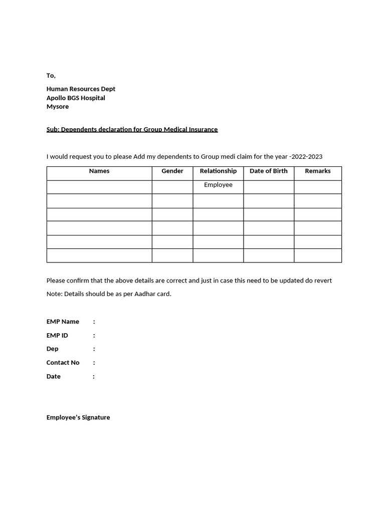 Dependents Declaration for Medical Insurance | PDF