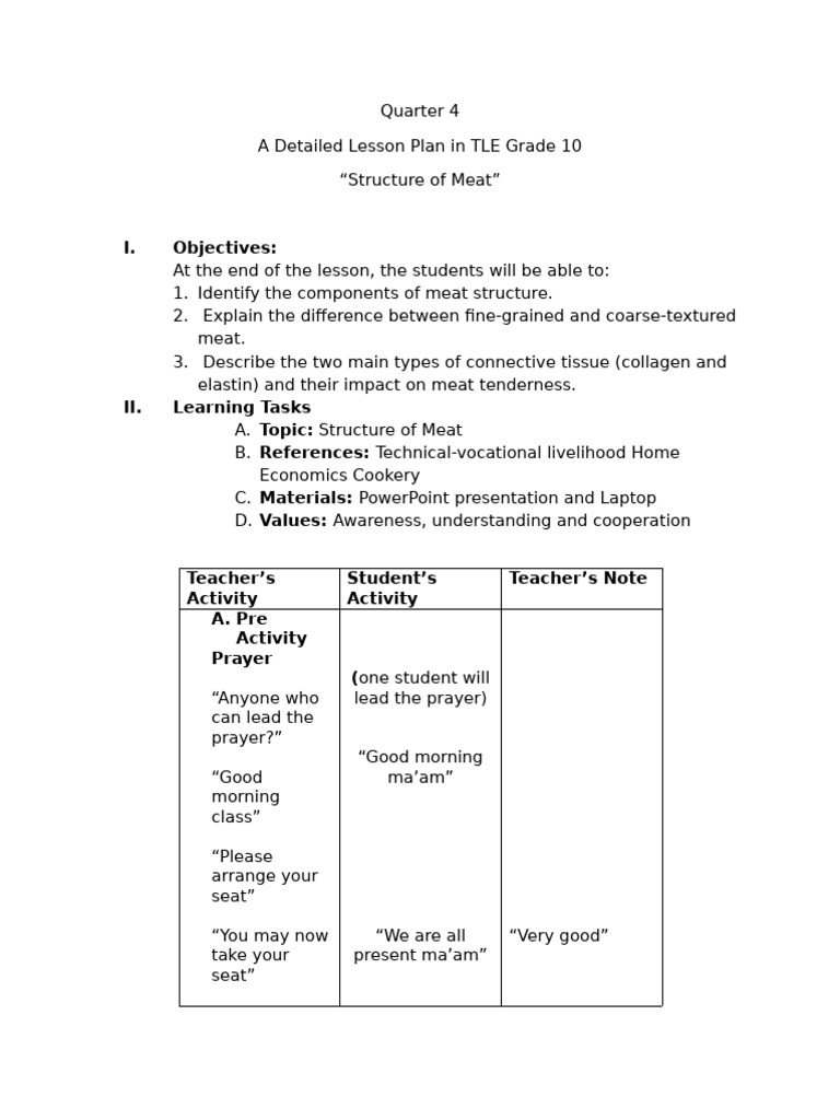 Structure of Meat Lesson Plan | PDF | Meat | Connective Tissue