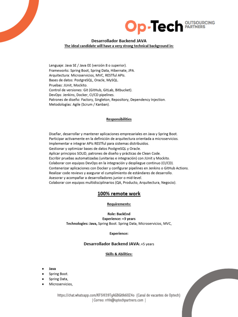 Desarrollador Backend JAVA | PDF | Gestión de tecnología de la ...