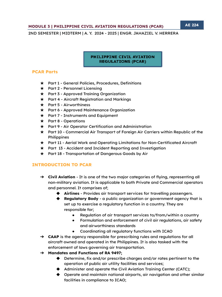 MIDTERM 224 NOTES - MODULE 3 PCAR Parts | PDF | Flight Instructor ...