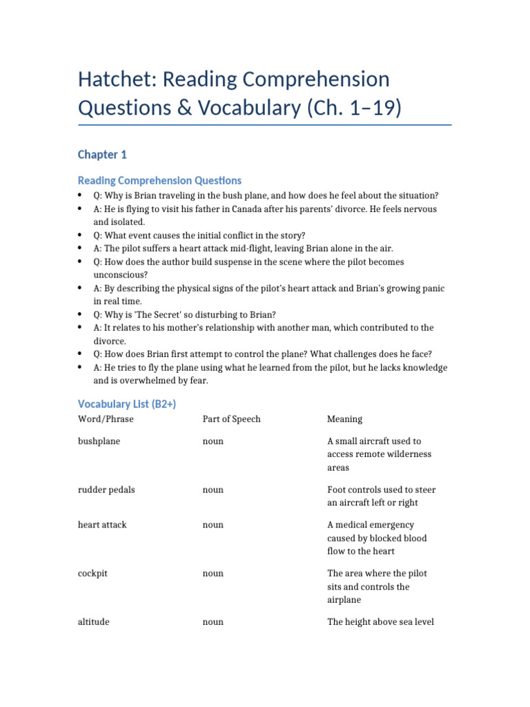Hatchet: Comprehension & Vocabulary Guide | PDF | Reading Comprehension ...
