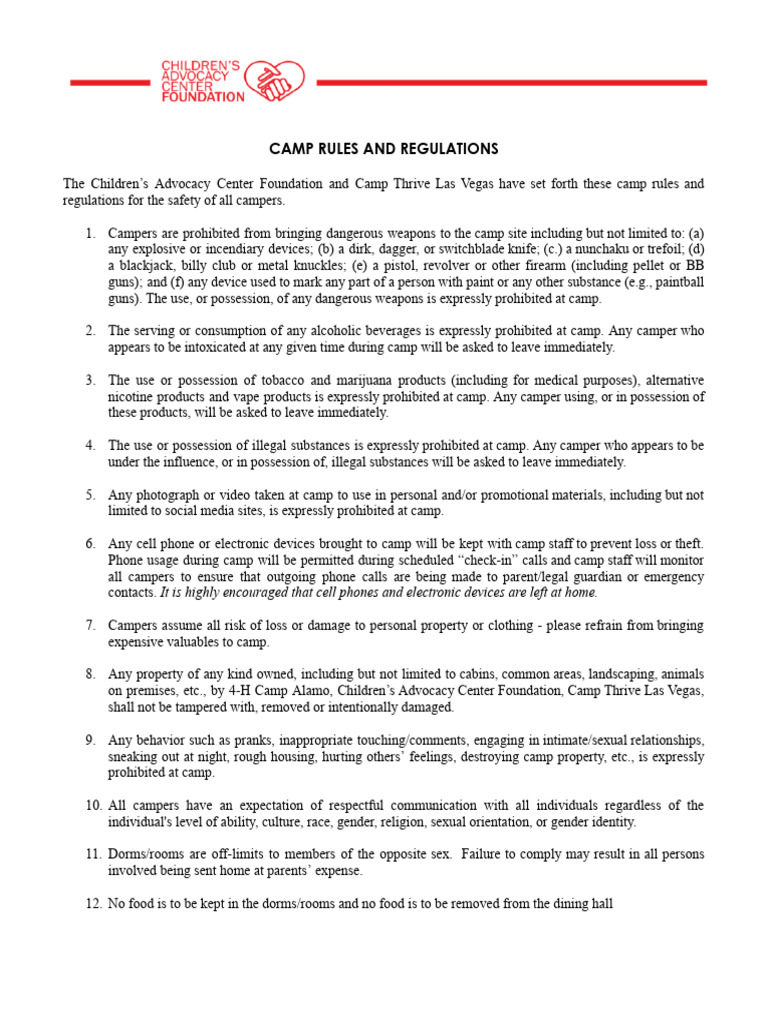 Camp Rules And Regulations Camper Pdf