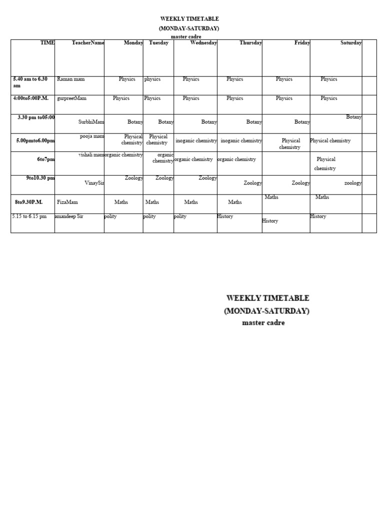 Weekly Class Timetable for Master Cadre | PDF