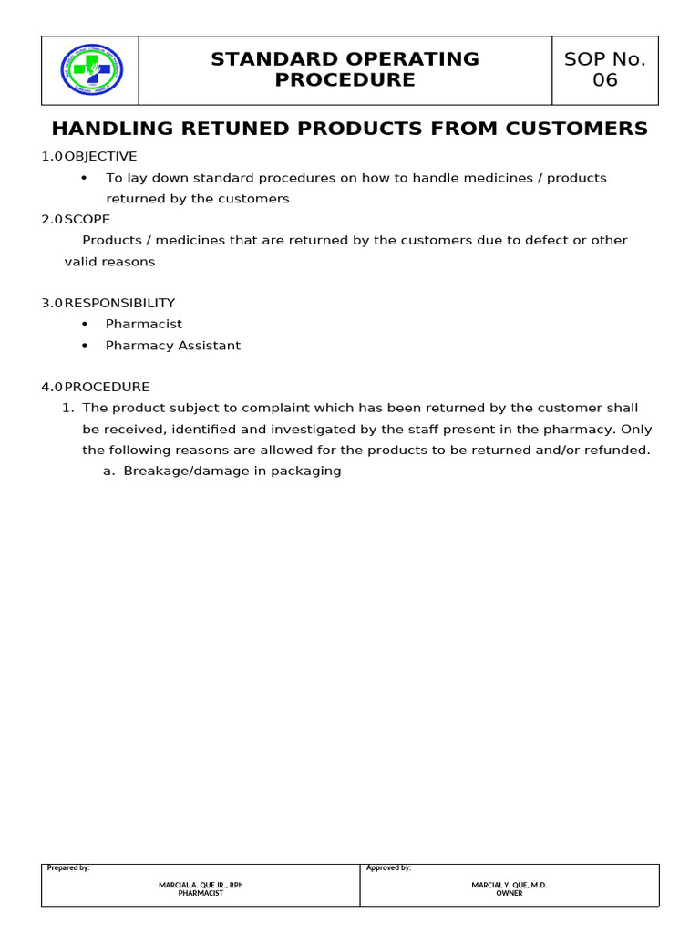SOP for Handling Returned Products | PDF