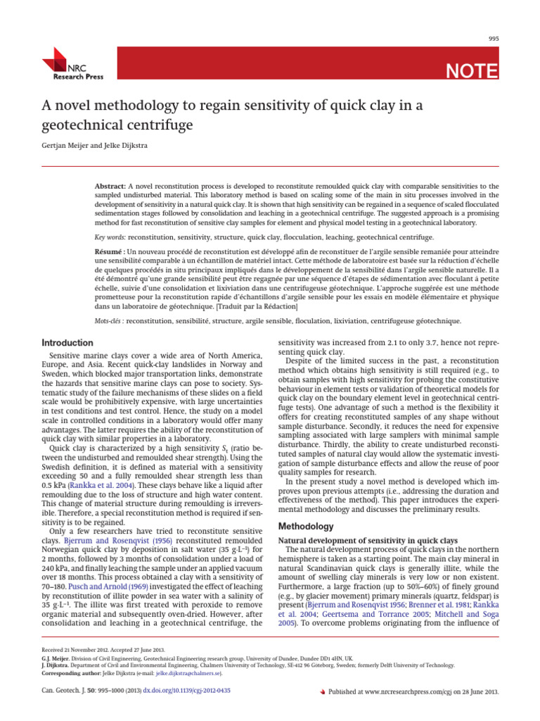 A Novel Methodology to Regain Sensitivity of Quick Clay in a ...