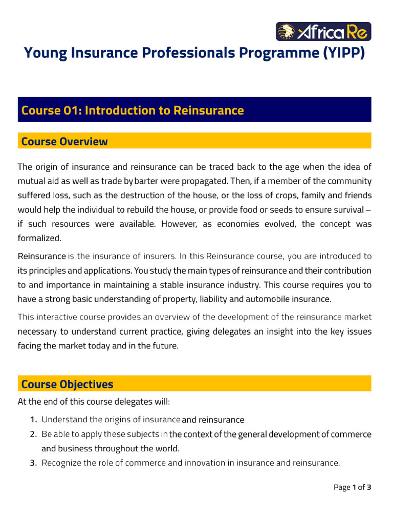 Course 01 Introduction To Reinsurance | PDF