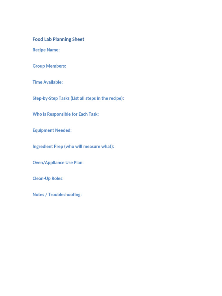 Food Lab Planning Sheet Template | PDF