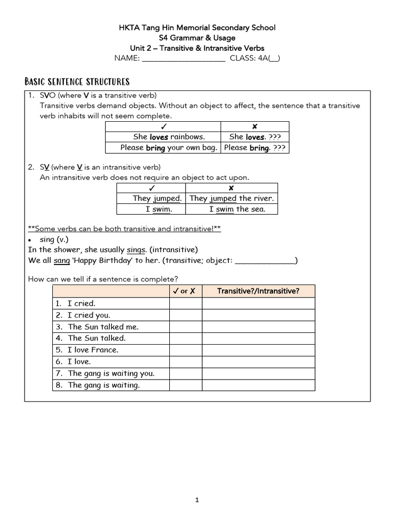 S4 GU - Unit 2 – Transitive _ Intransitive Verbs | PDF | Verb | Object ...