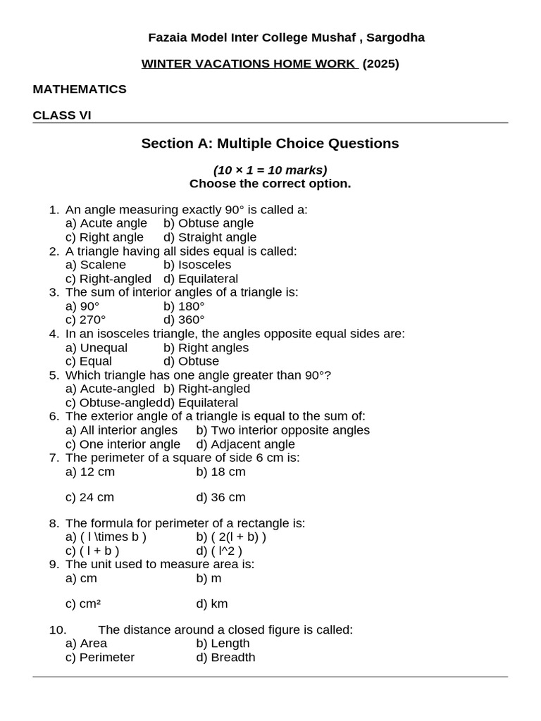 maths 6th class home work for winter vacations | PDF | Triangle | Area