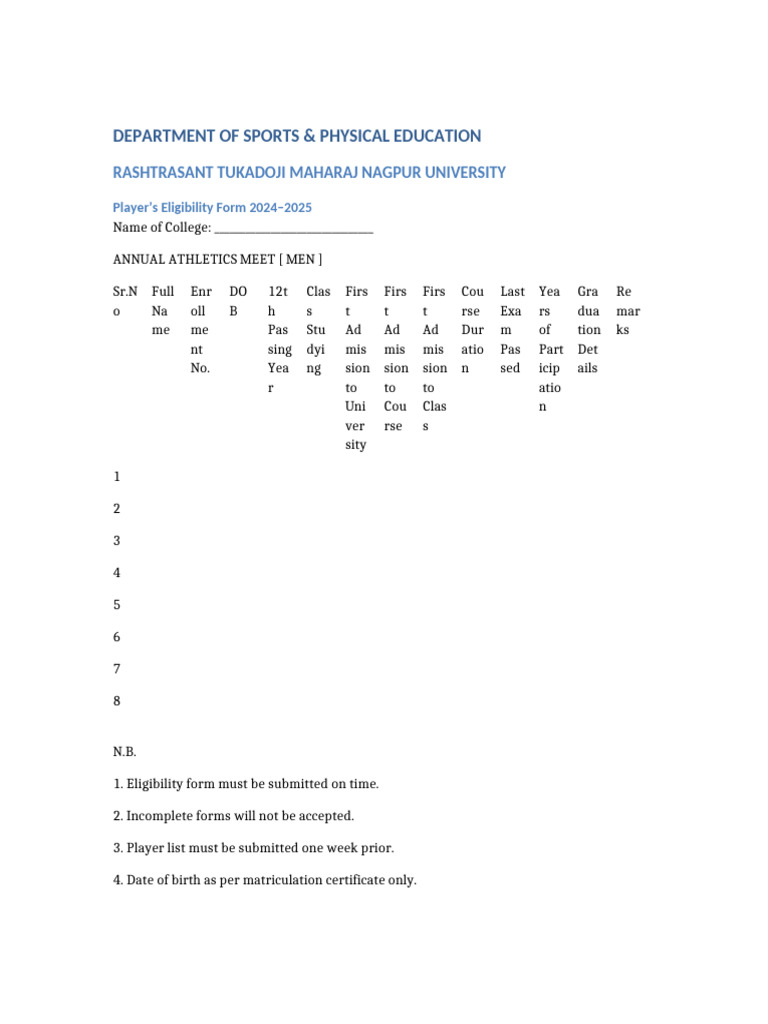 RTMNU Player Eligibility Form 2024 25 | PDF