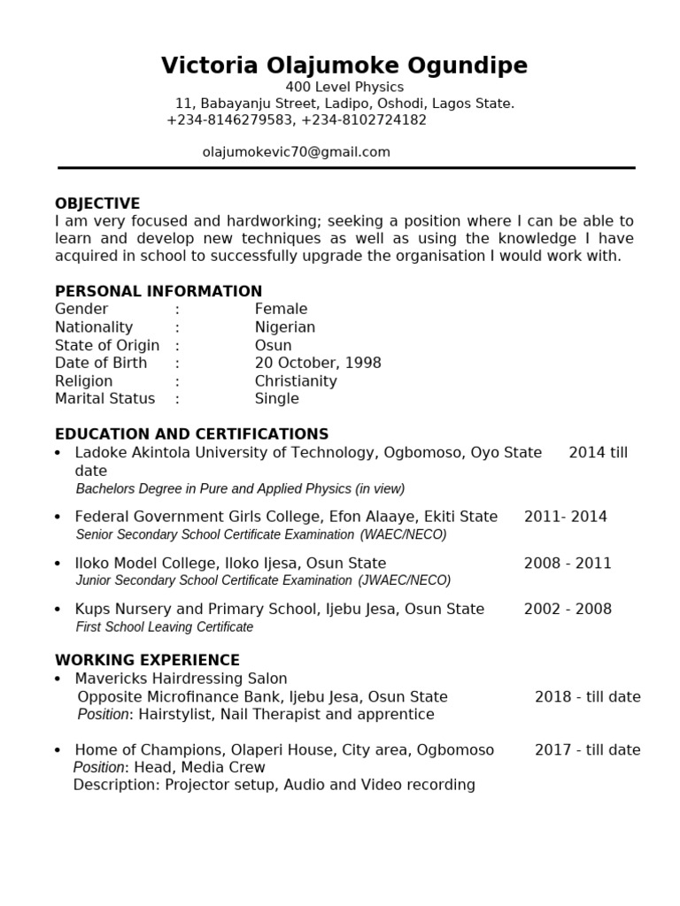 Victoria Ogundipe's CV and Profile | PDF