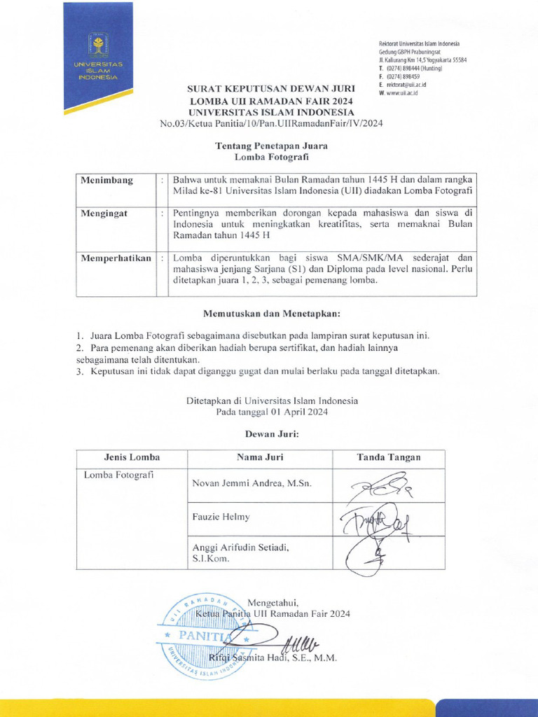 Surat Keputusan Dewan Juri Lomba Fotografi Uii Ramadan Fair 2024 | PDF