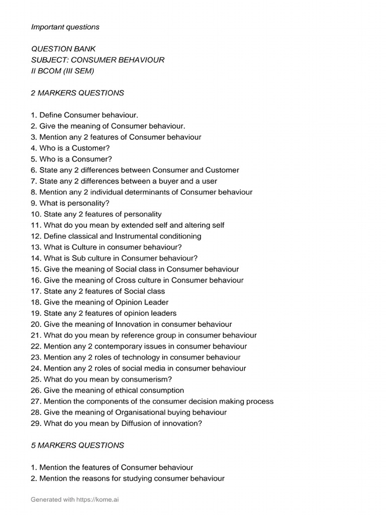 Consumer Behaviour Important Questions | PDF