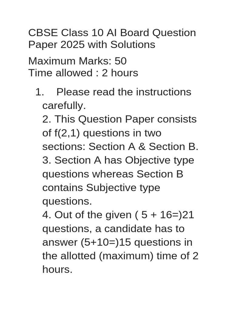 CBSE Class 10 AI Board Question Paper 2025 With Solutions | PDF ...