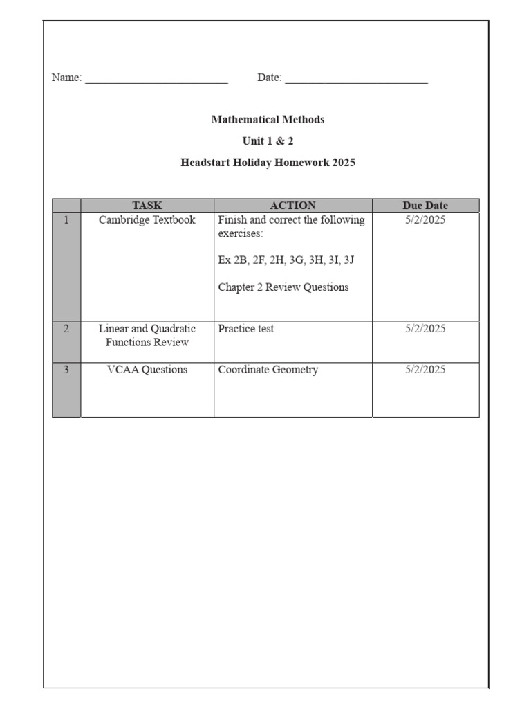 Headstart Holiday Homework (End of Term 4, 2025) | PDF | Quadratic ...