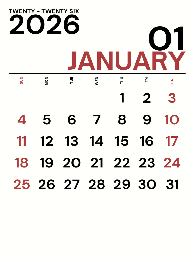 Red and Black Simple Minimalist 2026 Calendar A4 | PDF