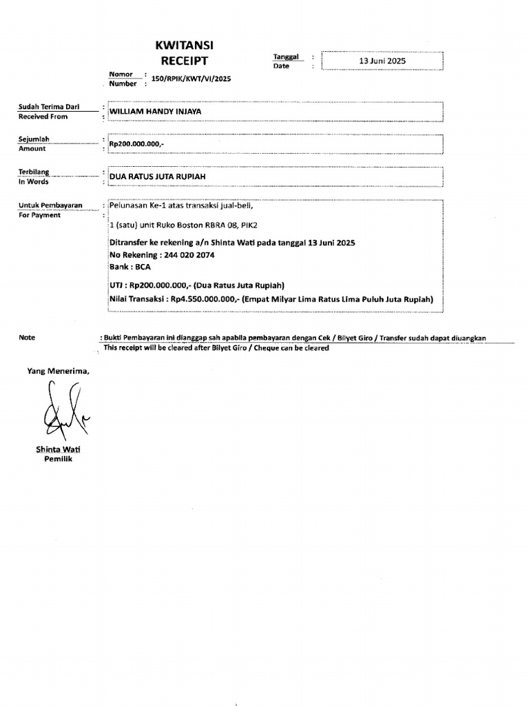 Kwitansi Pelunasan Ke-1 Ruko Boston RBRA 08 - Ana | PDF