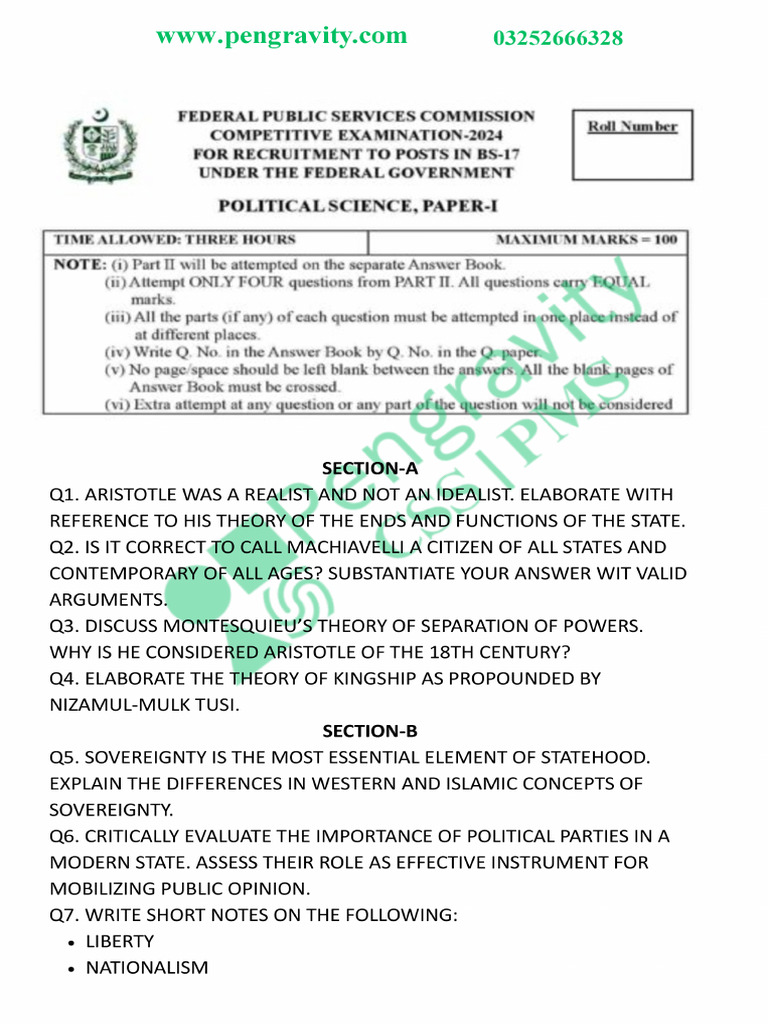 CSS Political Science Past Papers 2024 P1 | PDF