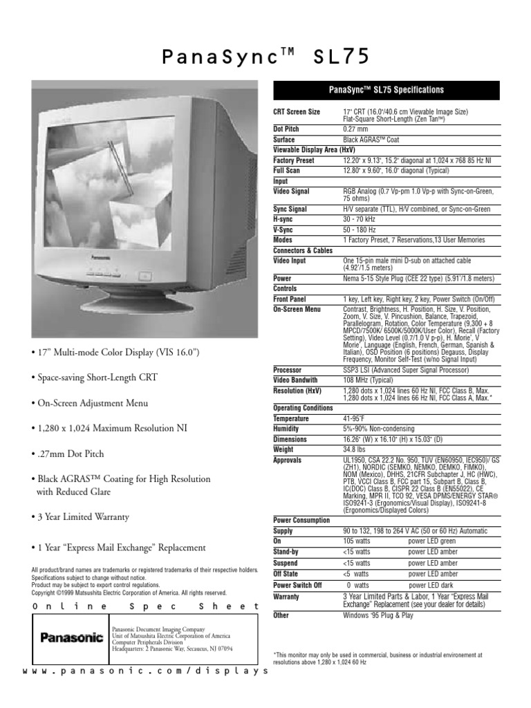 Panasonic Monitor Sl75 | PDF | Electrical Engineering | Film And Video ...