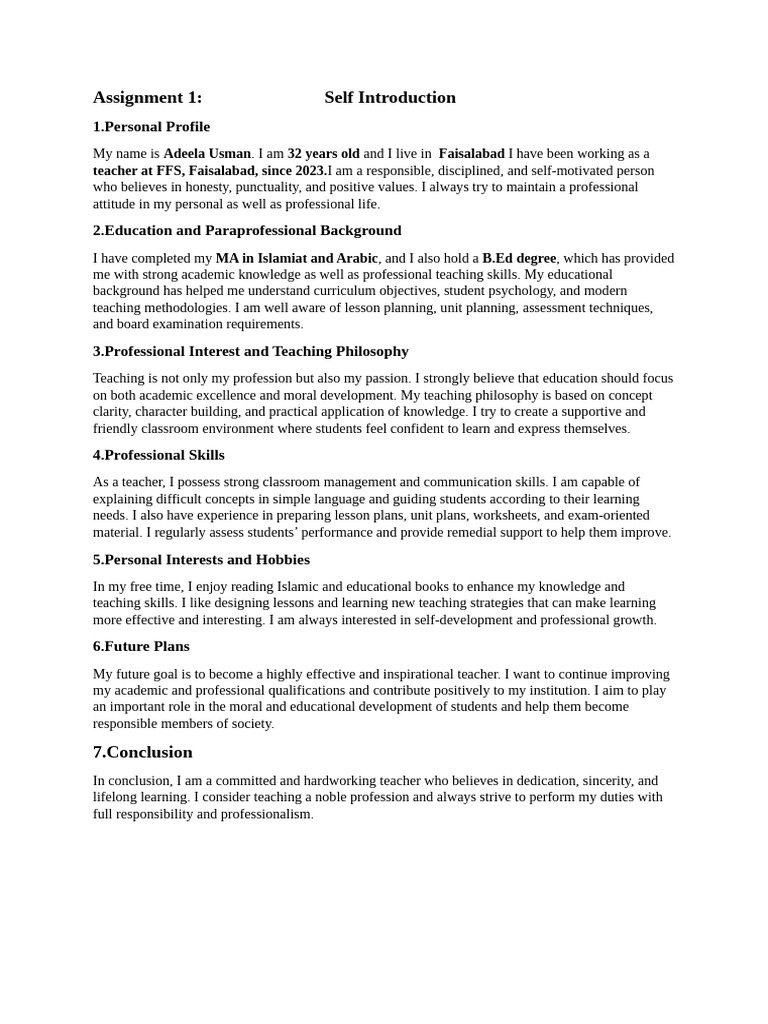 Assignment 1 AdeelaFFS FSD | PDF | Teachers | Intelligence