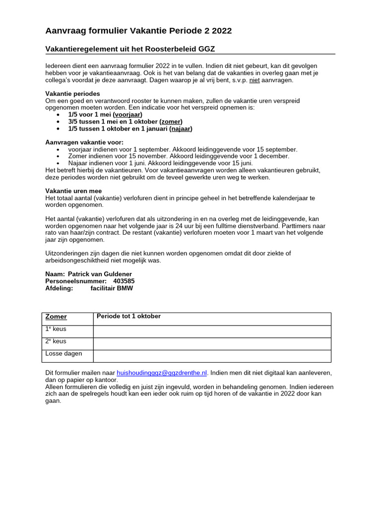 Aanvraag Formulier Vakantie Periode 2 2022 | PDF