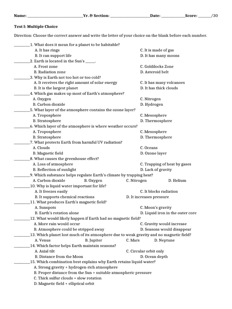 Earth Science Habitable Planet Quiz | PDF | Atmosphere | Earth