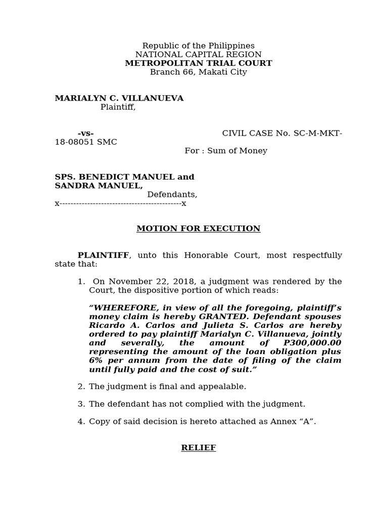 Motion for Execution - Copy (10) | PDF