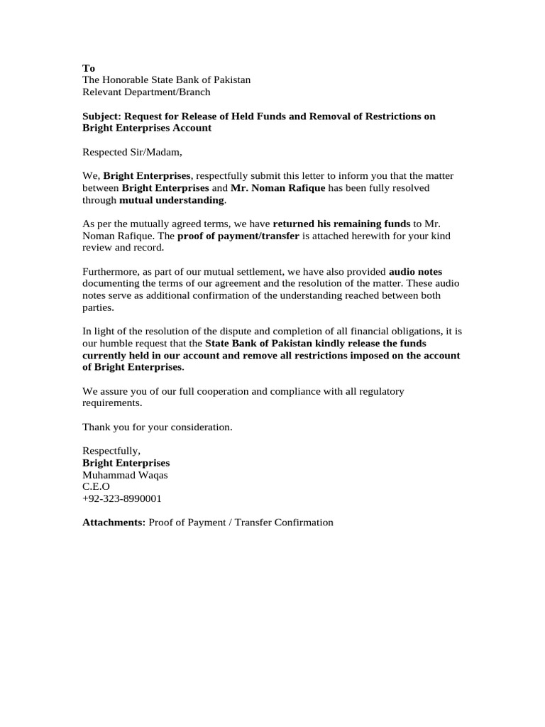 Request to Release Held Funds for Bright Enterprises | PDF
