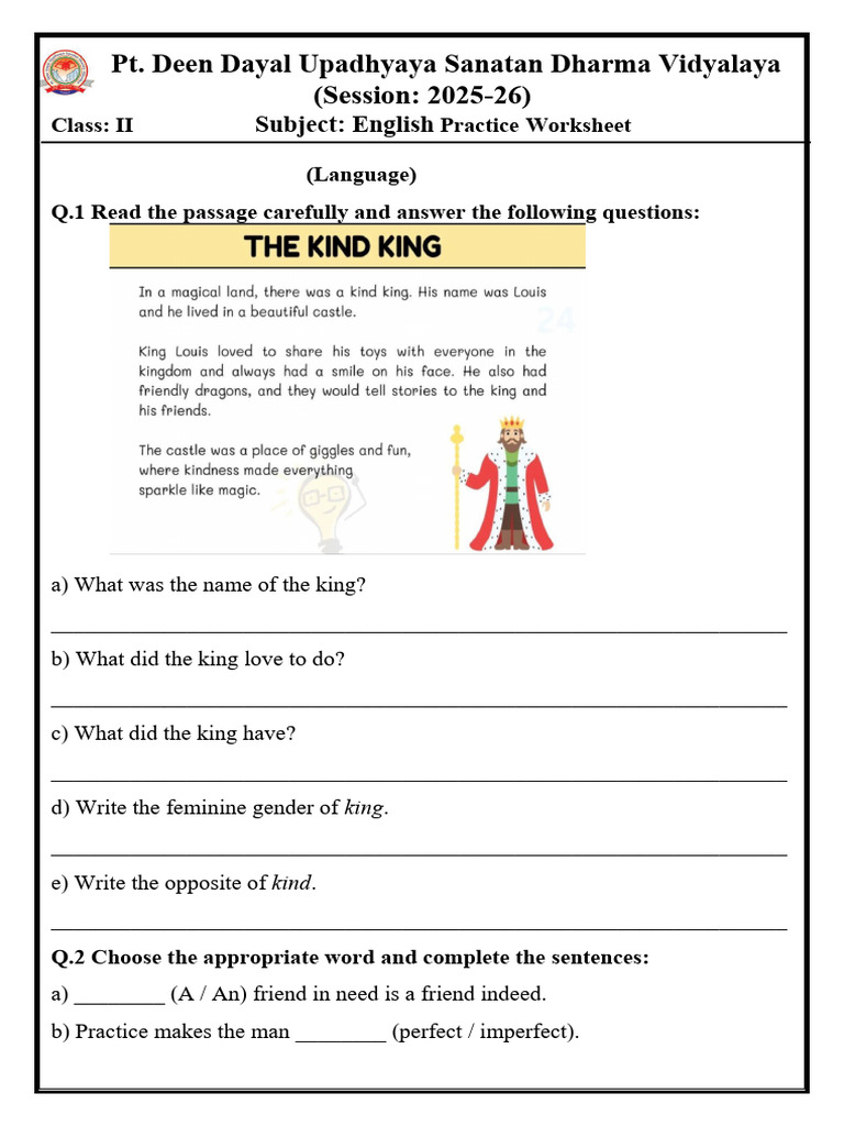 Class II English Practice Worksheet | PDF