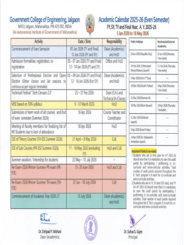 Academic Calender 2025 26 Even Semester | PDF