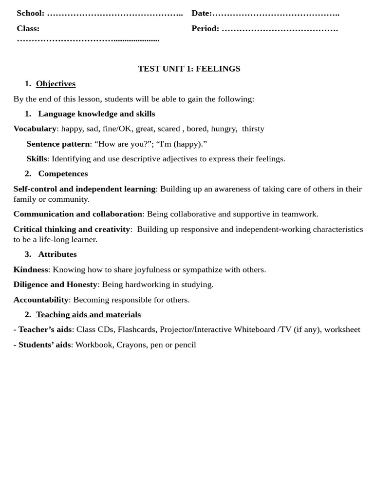 Feelings Vocabulary Test for Students | PDF | Vocabulary | Learning