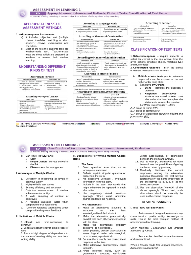 Assessment in Learning 1 (Part 1 - Reviewer) | PDF | Educational Assessment | Multiple Choice