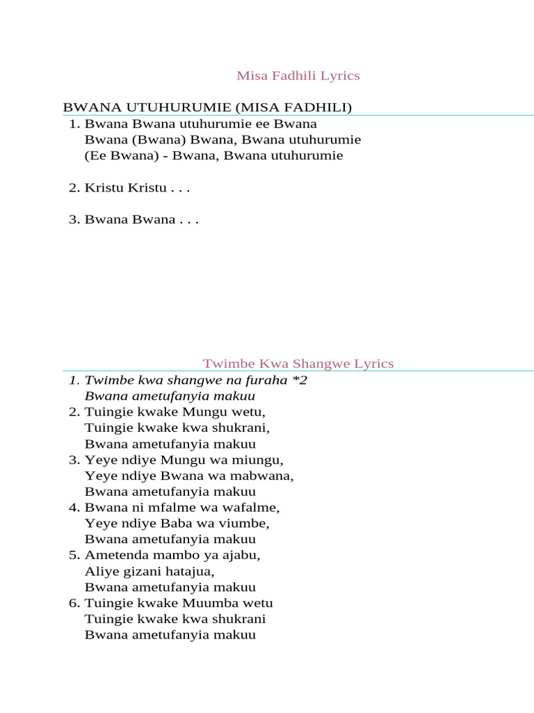 Bwana Utuhurumie (Misa Fadhili) 1 | PDF