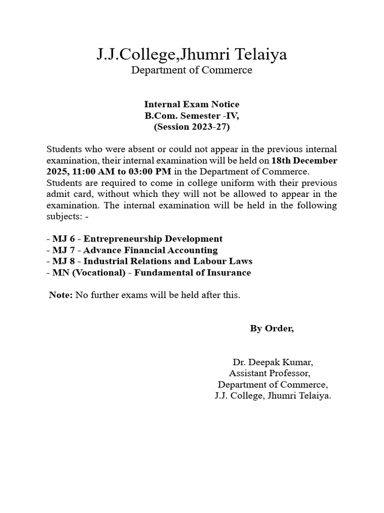 B.Com Semester IV Internal Exam Notice | PDF