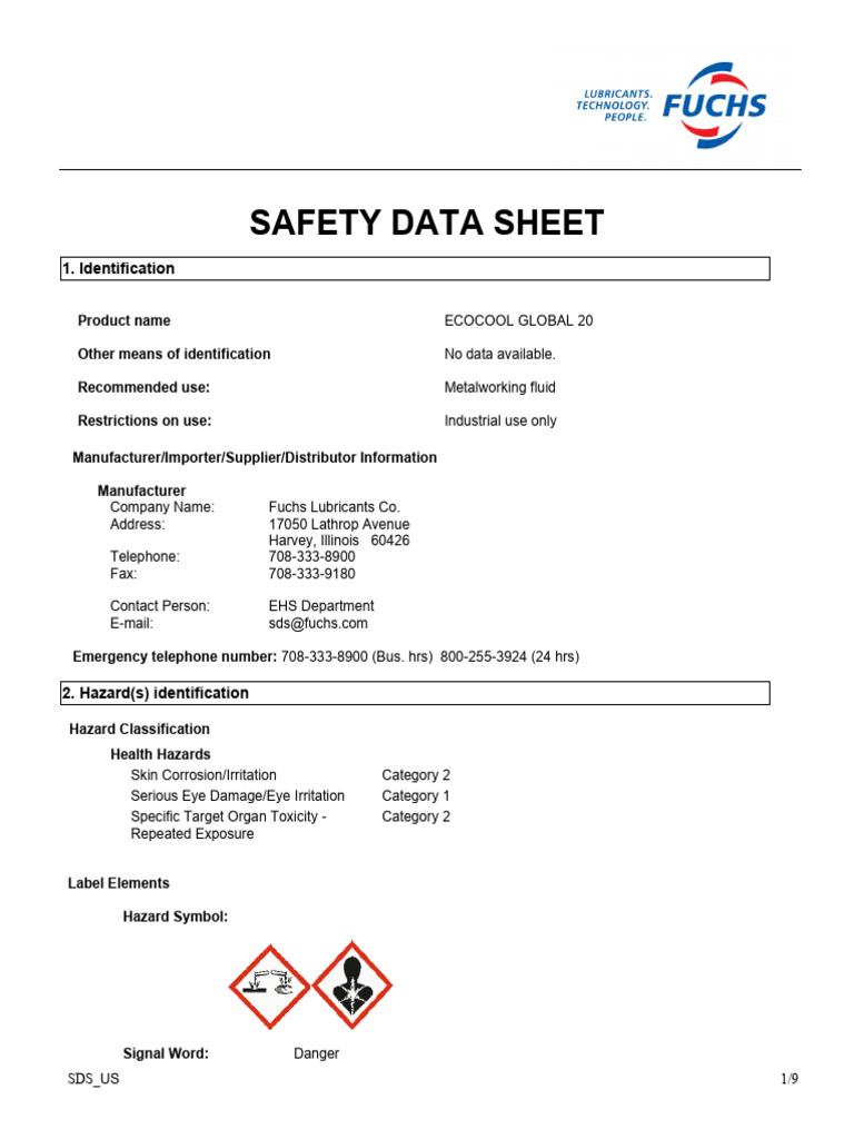ECOCOOL GLOBAL 20 Safety Data Sheet | PDF | Toxicity | Carcinogen