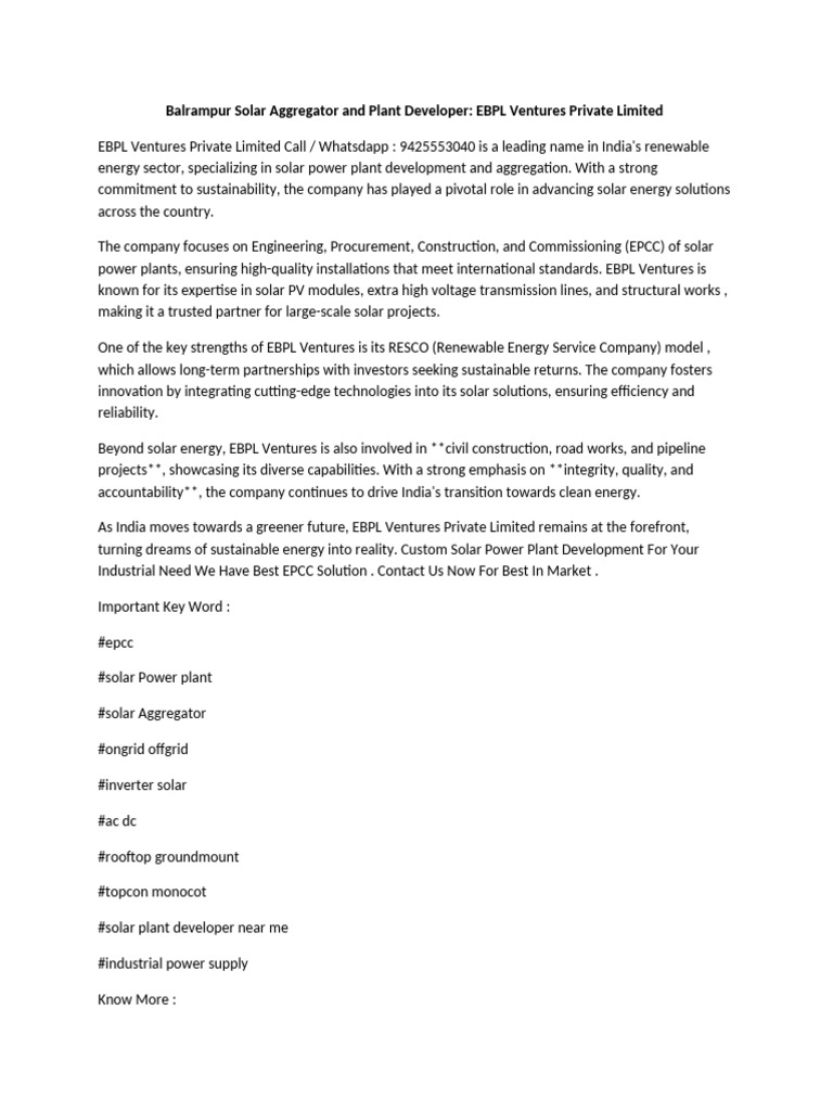 EBPL Ventures: Leading Solar Plant Developer | PDF