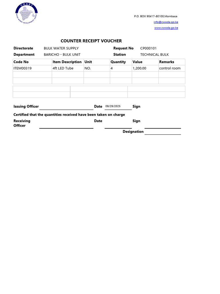 Counter Receipt Voucher: Directorate Request No Department Station | PDF