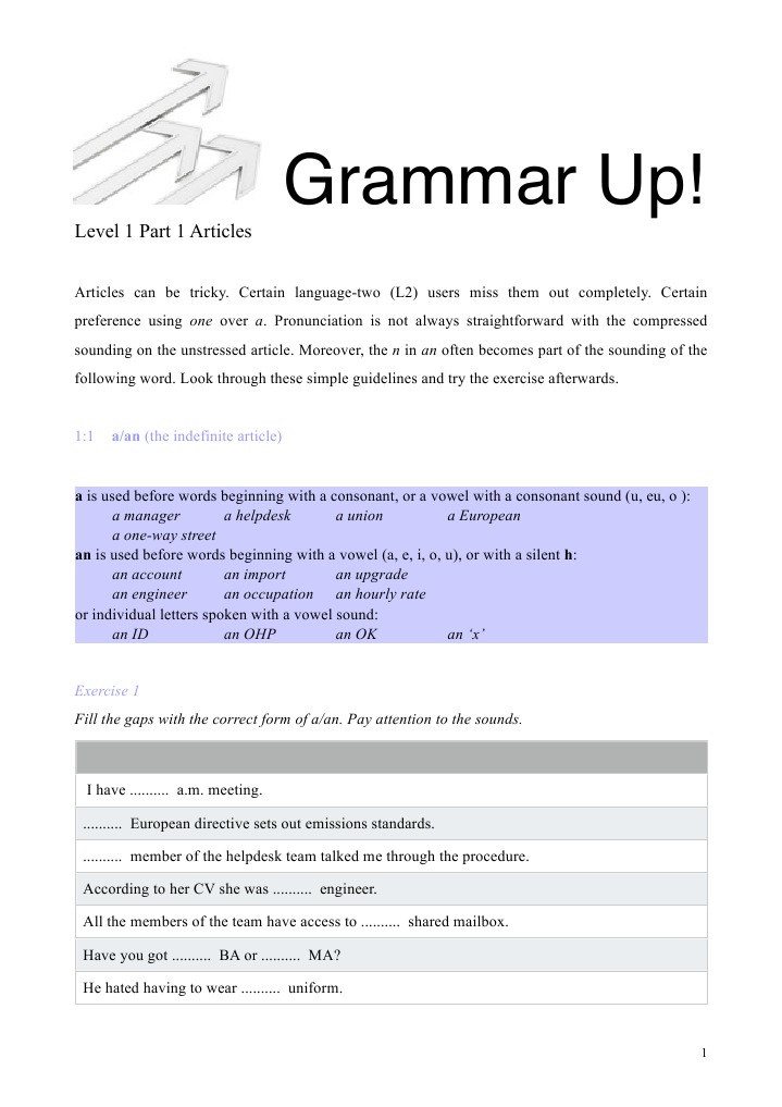 Grammar Up!: Level 1 Part 1 Articles | PDF | Employment | Business