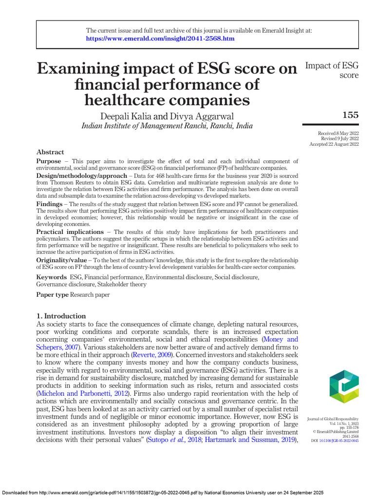 Examining impact of ESG score on financial performance of healthcare ...