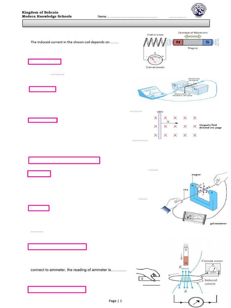 Electromagnetic Induction Worksheet | PDF | Electromagnetic Induction ...