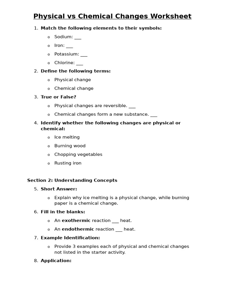 Physicsal vs Chemical Changes Worksheet | PDF