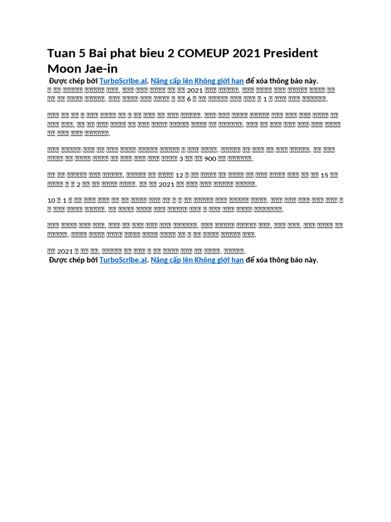 Tuan 5 Bai Phat Bieu 2 COMEUP 2021 President Moon Jae-In | PDF
